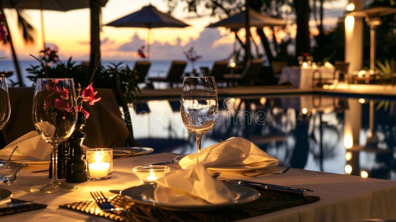 Dining at a Poolside with Gourmet Food during Sunset Stock Illustration ...