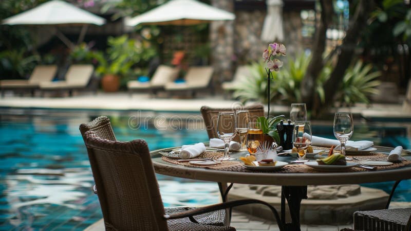 Dining at a Poolside Restaurant during Sunset Stock Illustration ...