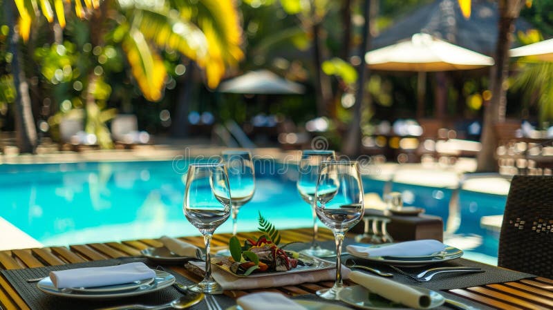 Dining at Poolside during Sunset Stock Illustration - Illustration of ...