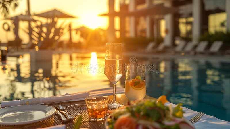 Dining at Poolside during Sunset at a Hotel Stock Illustration ...