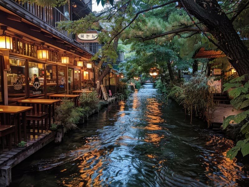 Dining by the Riverside in a Tranquil Japanese Evening Setting Stock ...