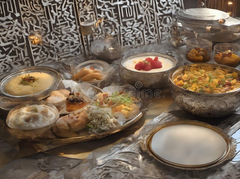 Dining Room with Arabic Nuances and a Lavish Table Featuring Shawarma ...