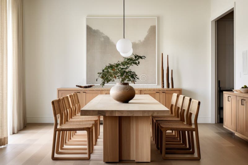 A Dining Room with a Basic, Long Wooden Table and Matching Chairs Stock ...