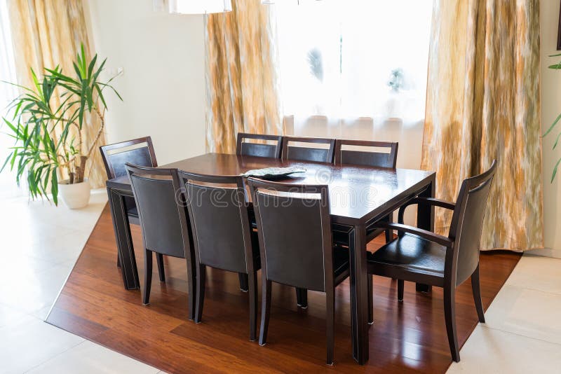 Dining Room with Big Brown Table Stock Photo - Image of table, chair ...