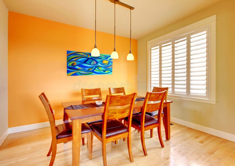 Dining Room with Blue Painting and Wood Table. Stock Image - Image of ...