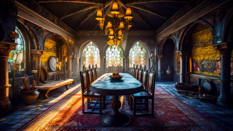 The Dining Room of Castle with Stained Glass Windows. Generative AI ...