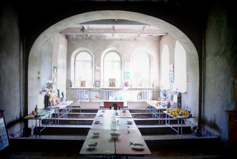 A Dining Room with Covered Tables in an Ancient Monastery Stock ...