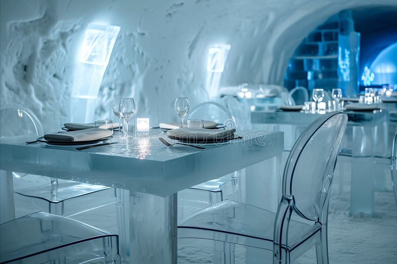 Dining Room in an Ice Hotel, Complete with Ice Furniture and Soft Light ...