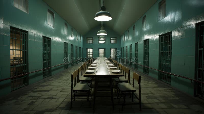 A Dining Room Inside the Prison with Long Tables and Chairs for ...