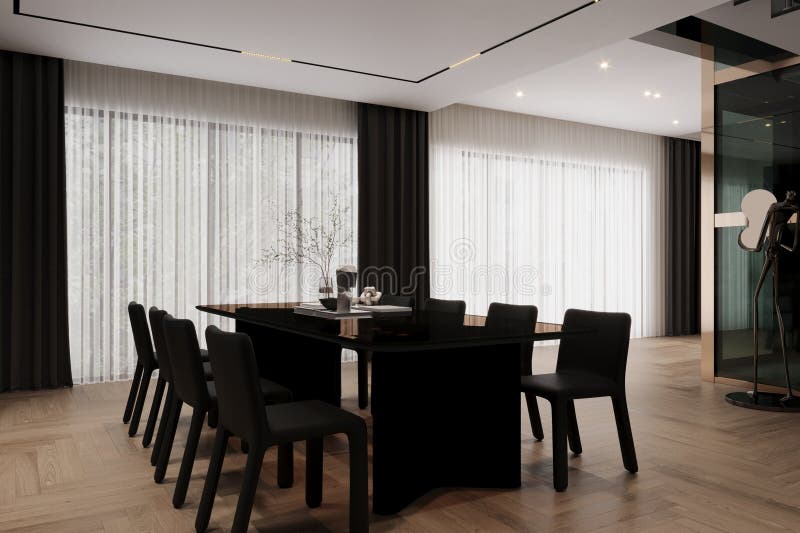 Dining Room Interior Design with Black Dinging Table Stock Illustration ...