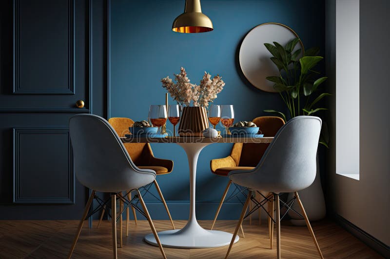 Dining Room Interior Design with Blue Wall. Illustration AI Generative ...