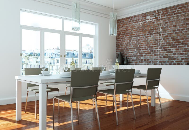 Dining Room Interior Design with Stone Wall Stock Photo - Image of ...