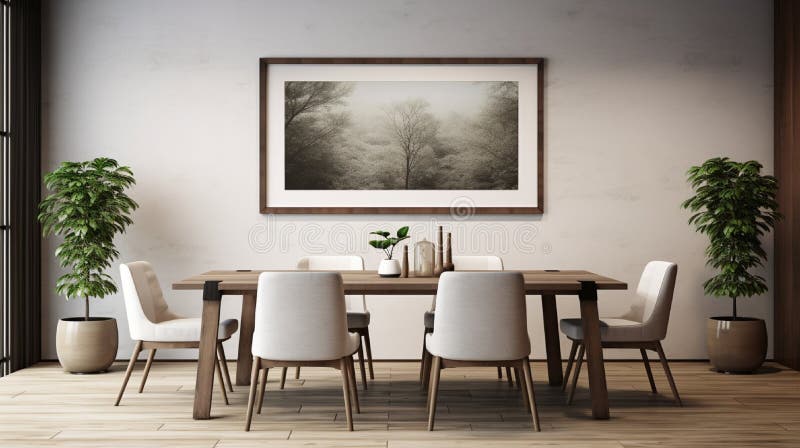 Dining Room Interior, Table with Chairs and a Framed Horizontal Poster ...