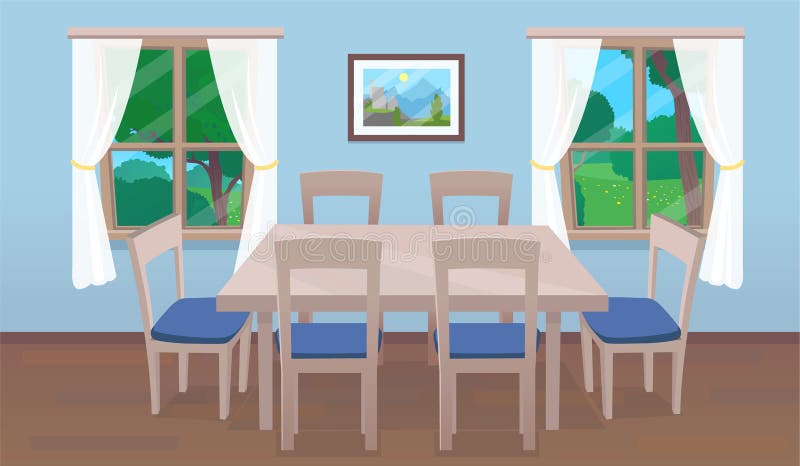Dining Room Interior with Table and Windows Stock Vector - Illustration ...