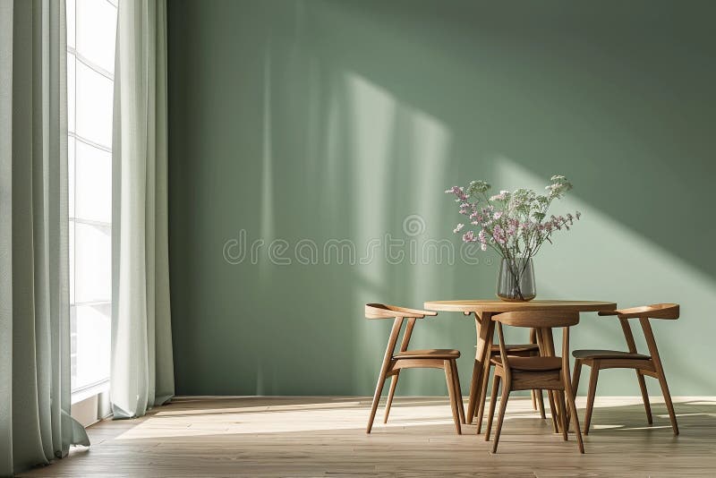 Dining Room Interior with Wood Table in Rustic Style. Neutral Sage ...