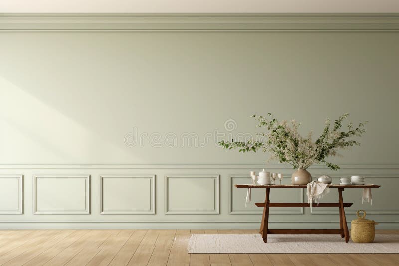 Dining Room Interior with Wood Table in Rustic Style. Neutral Sage ...