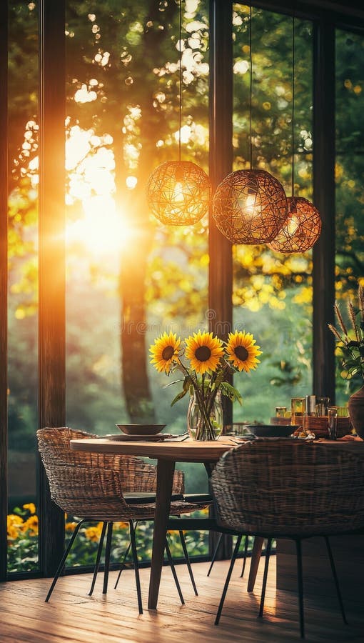 Dining Room with Large Wooden Table Against Window in a Minimalist ...