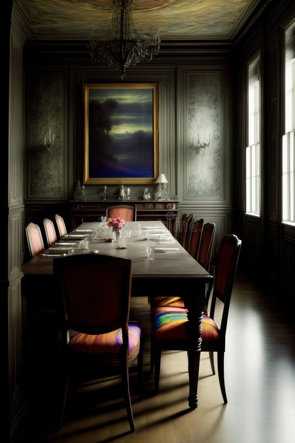 A Dining Room with a Long Table and Chairs. Generative AI Stock ...