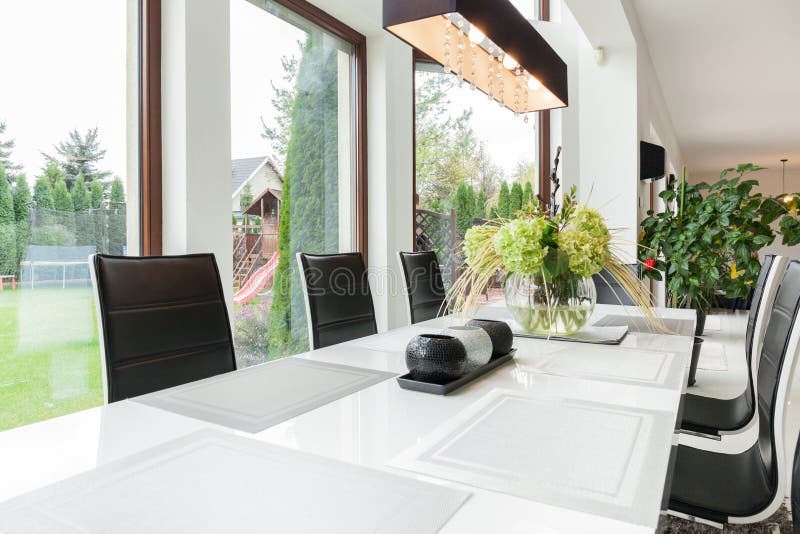 Dining Room with Long Table Stock Image - Image of modern, decoration ...