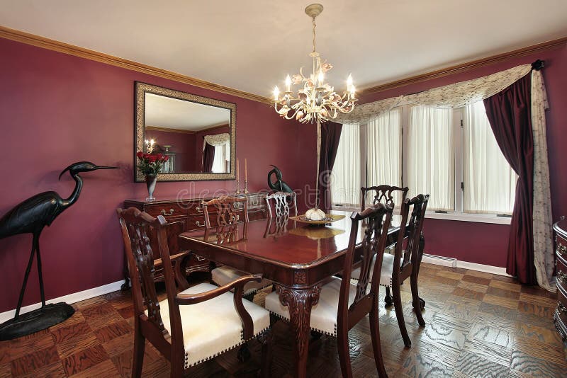 Dining Room with Maroon Walls Stock Photo - Image of architecture ...