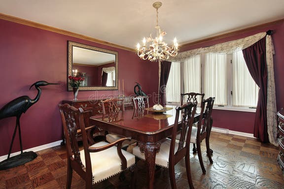 Dining Room with Maroon Walls Stock Photo - Image of architecture ...