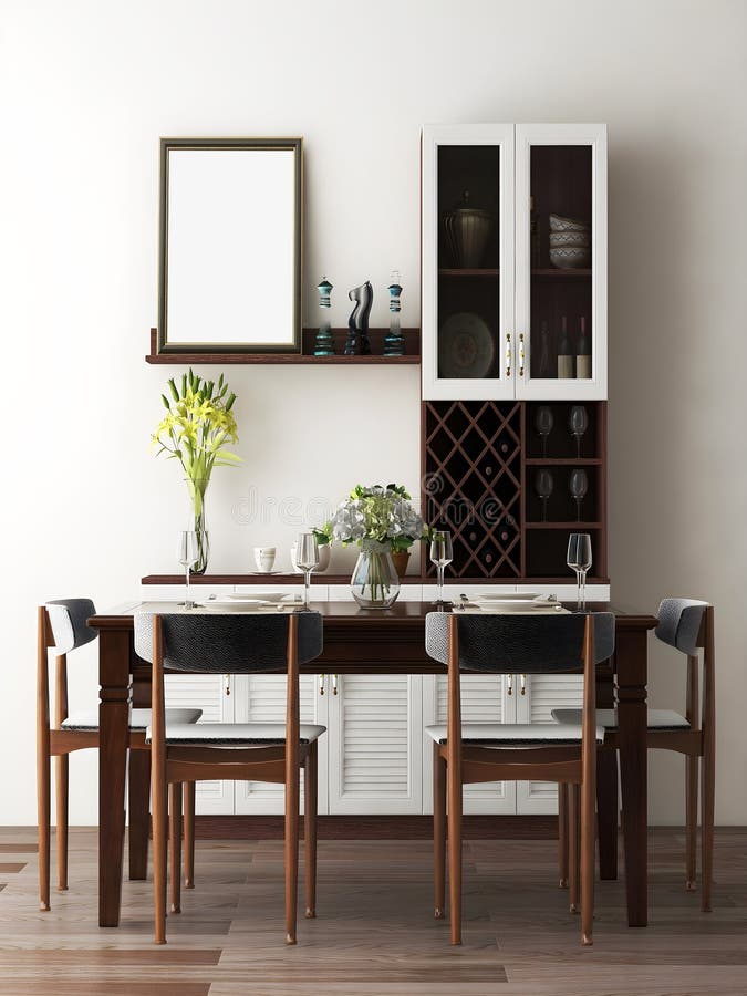 Dining Room Mockup with Kitchen Cabinet and Wooden Dining Table Set ...