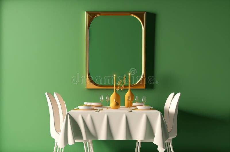 Dining Room Mockup with Serving Table and Blank Green Wall Stock ...