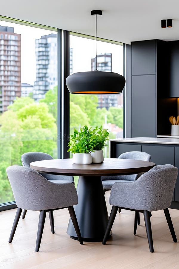 A Dining Room with a Round Table and Chairs in Front of a Window Stock ...