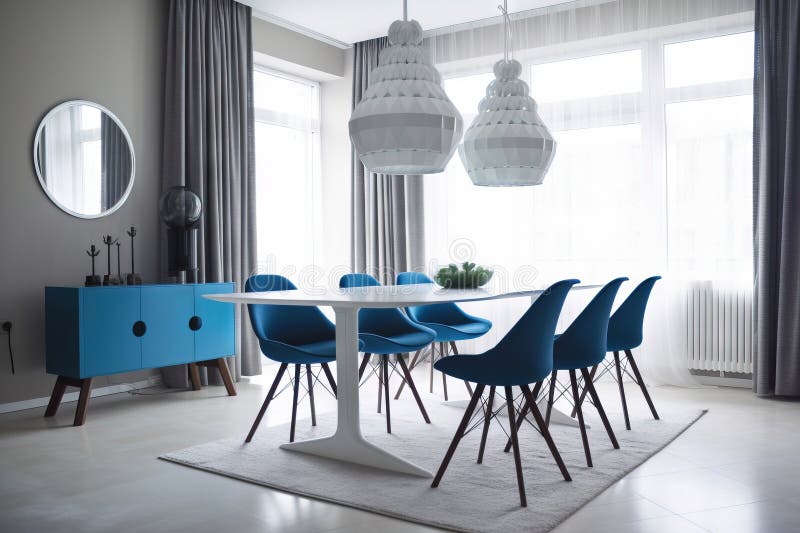A Dining Room Table with Blue Chairs and a White Table with Blue Chairs ...