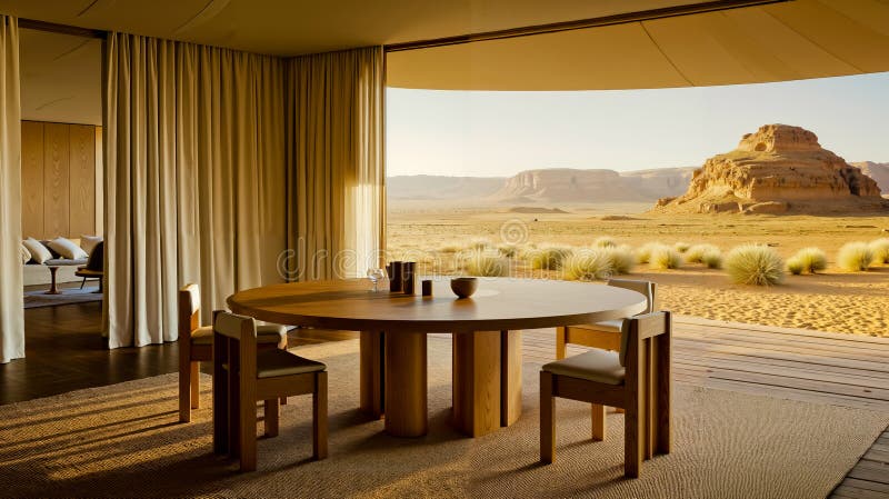 A Dining Room with a Table and Chairs in the Middle of the Desert Stock ...