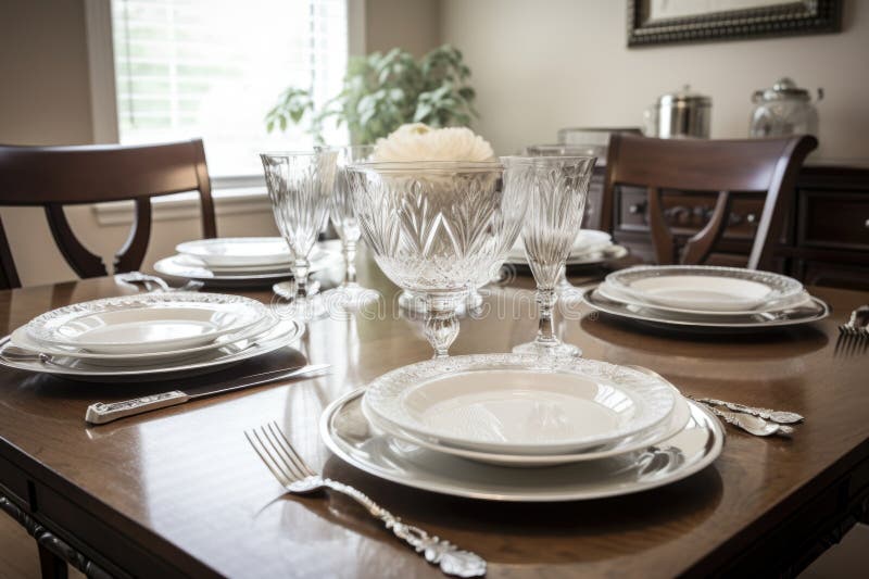 Dining Room Table with Delicate China, Crystal Glasses, and Silverware ...