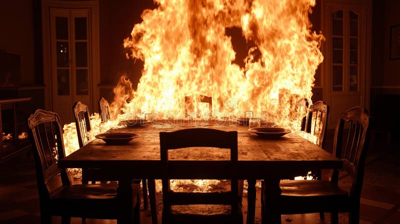 A Dining Room Table with a Fire Burning in the Middle of it Stock Photo ...