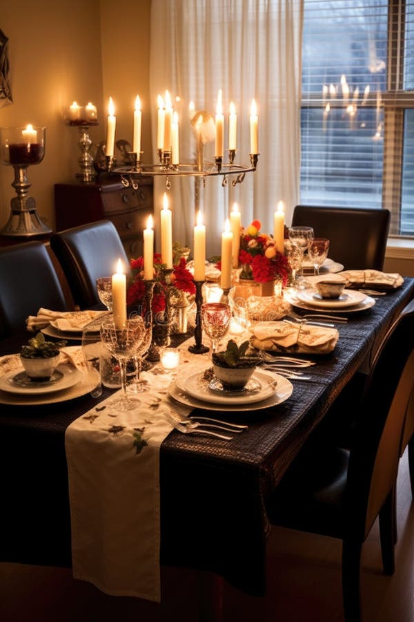Dining Room Table Set for a Family Dinner with Candles and Dishes Stock ...