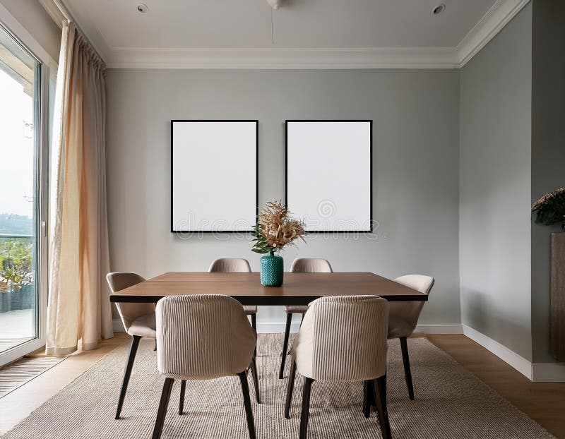Dining Room with Two Framed Blank Posters on Wall Stock Illustration ...