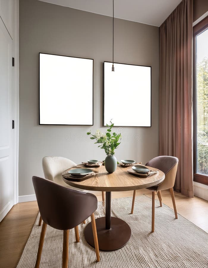 Dining Room with Two Framed Blank Posters on Wall Stock Illustration ...