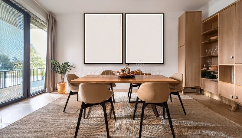 Dining Room with Two Framed Blank Posters on Wall Stock Illustration ...