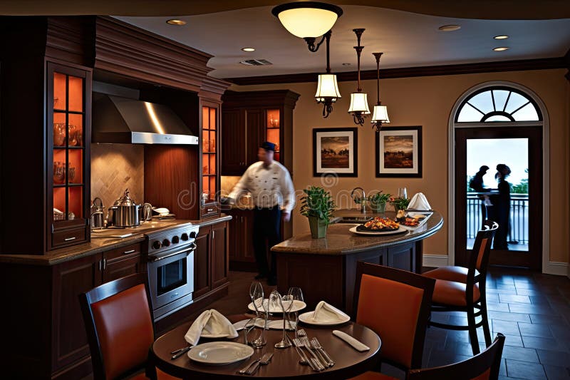 Dining Room, with View of the Kitchen and Chef Preparing Menu Items for ...