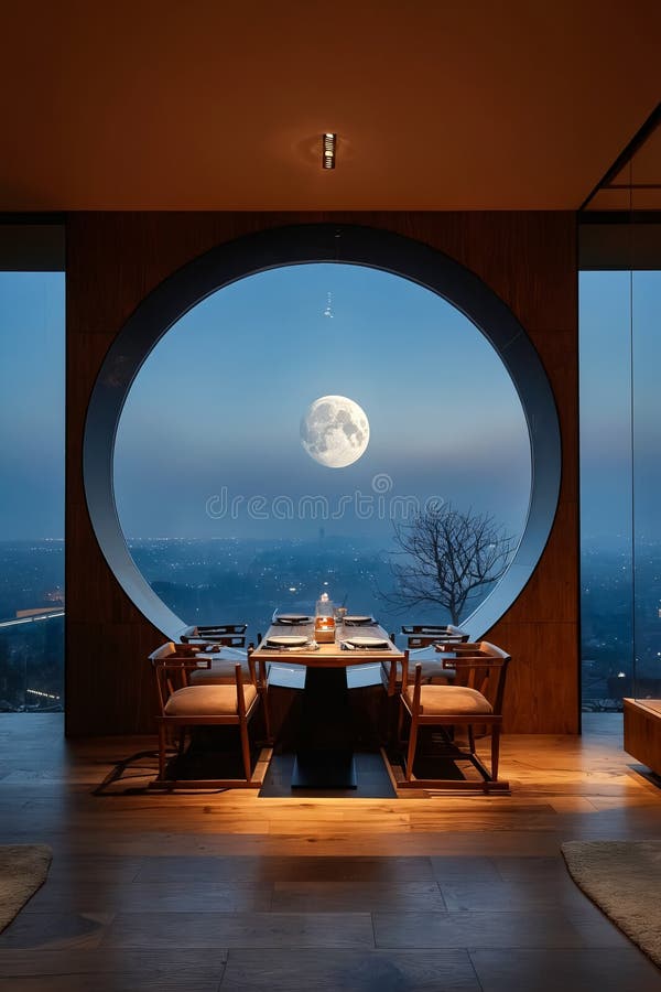 A Dining Room with a View of the Moon through a Round Window ...