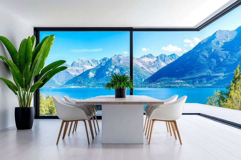 A Dining Room with a View of the Mountains and a Lake Stock Photo ...