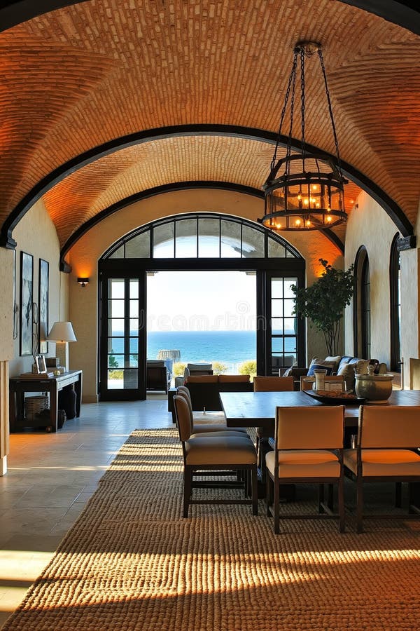 A Dining Room with a View of the Ocean through the Arched Ceiling Stock ...