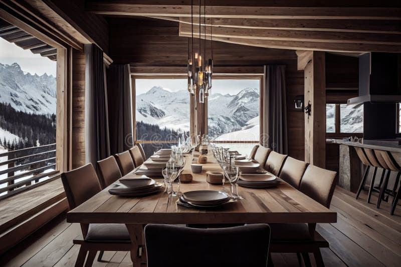 Dining Room with Views of Mountains Big Dining Table on Chalet Stock ...