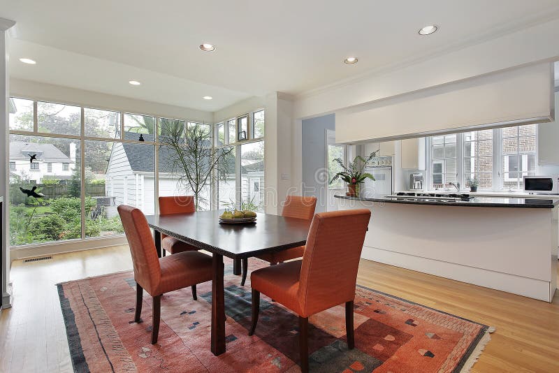 Dining Room with Wall of Windows Stock Photo - Image of interior ...
