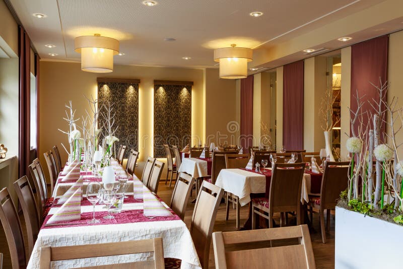 Dining Room with White Covered Tables Stock Image - Image of alcohol ...