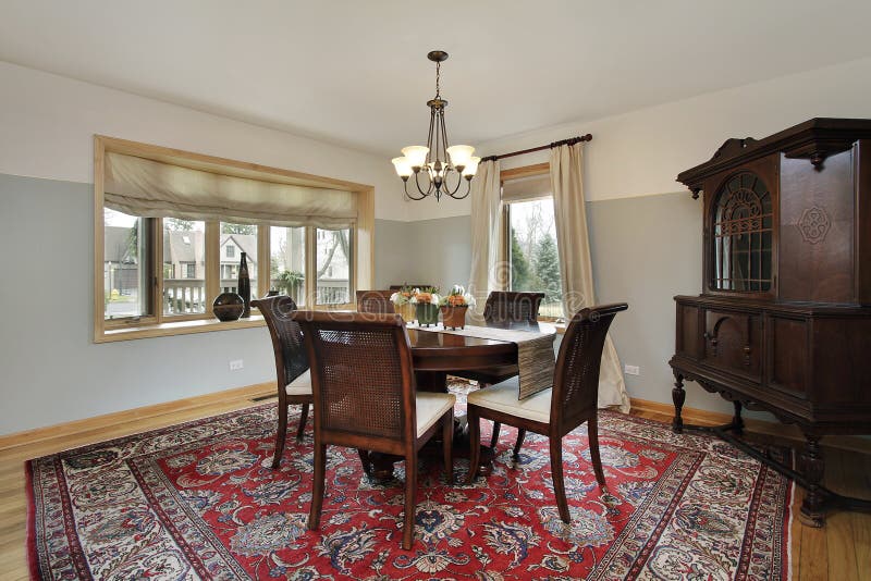 Dining Room with Wood Trim Windows Stock Photo - Image of floor ...