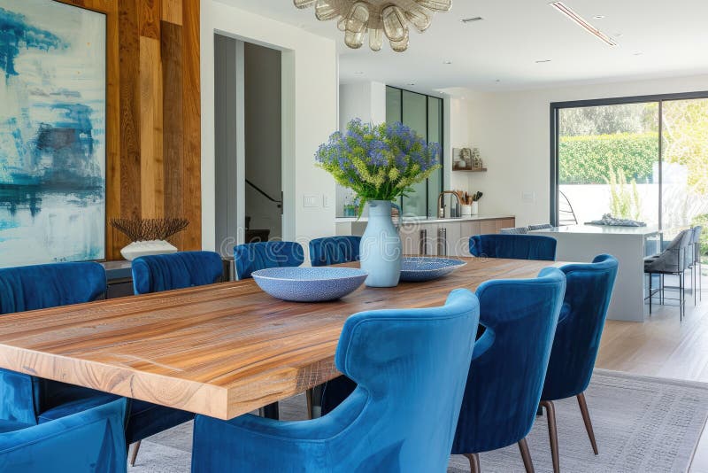 Dining Room with Wooden Table and Blue Chairs Stock Illustration ...