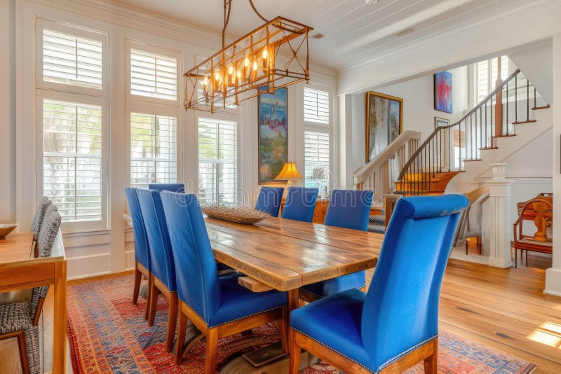 Dining Room with Wooden Table and Blue Chairs Stock Illustration ...