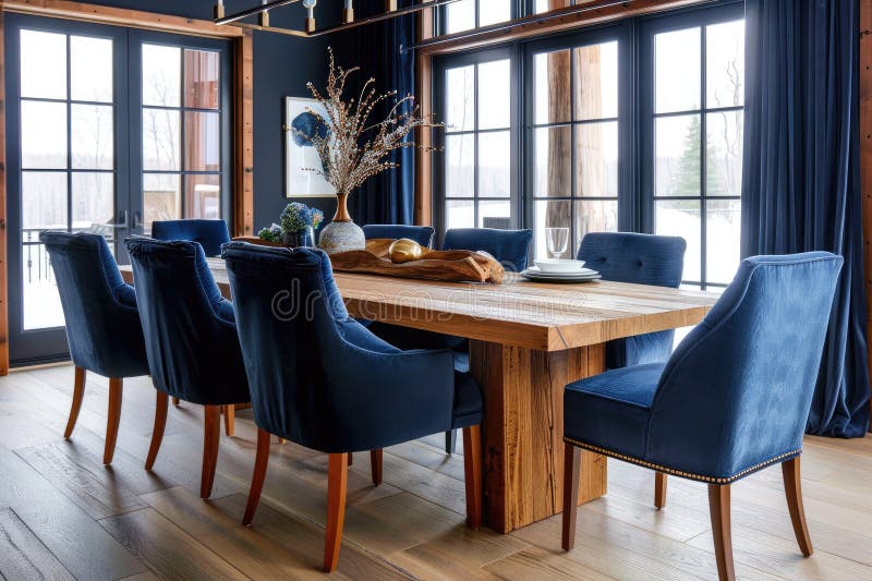Dining Room with Wooden Table and Blue Chairs Stock Illustration ...