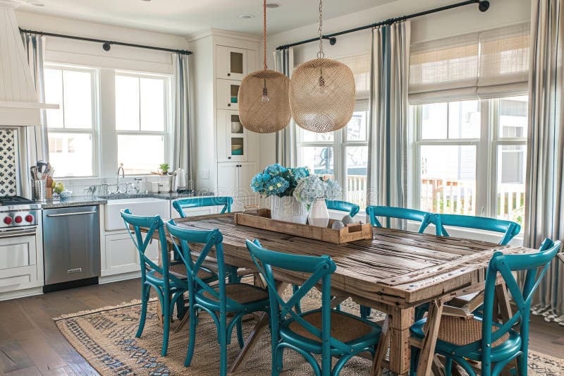 Dining Room with Wooden Table and Blue Chairs Stock Illustration ...