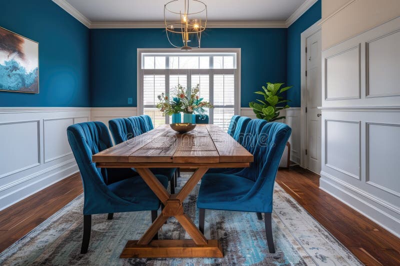 Dining Room with Wooden Table and Blue Chairs Stock Illustration ...