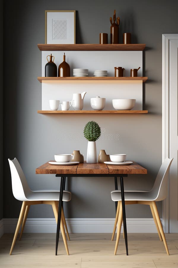 Dining Room with Wooden Table and White Chairs. Generative AI Stock ...